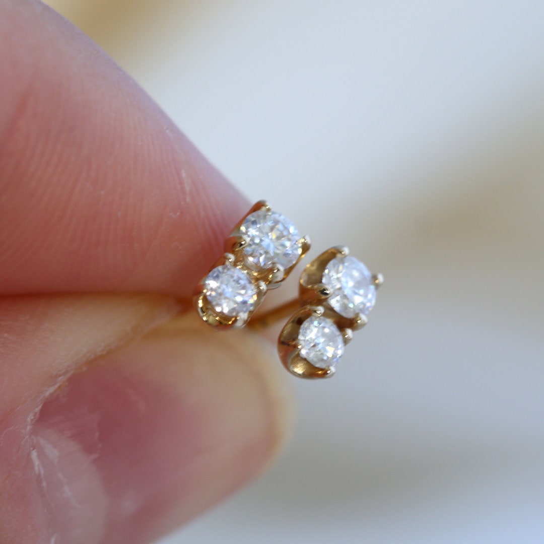 Solid Gold Duo Stud Earrings - Minimalist Two-stone Moissanite Diamond ...