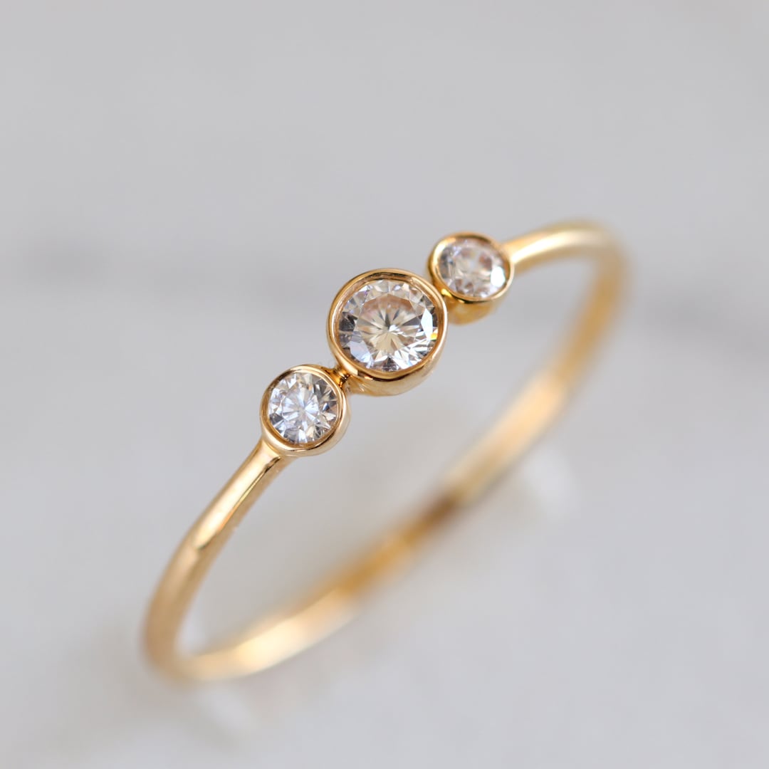 10K Gold Three Stone Ring: Bezel Set Promise Ring (size 4 and 9 ONLY ...