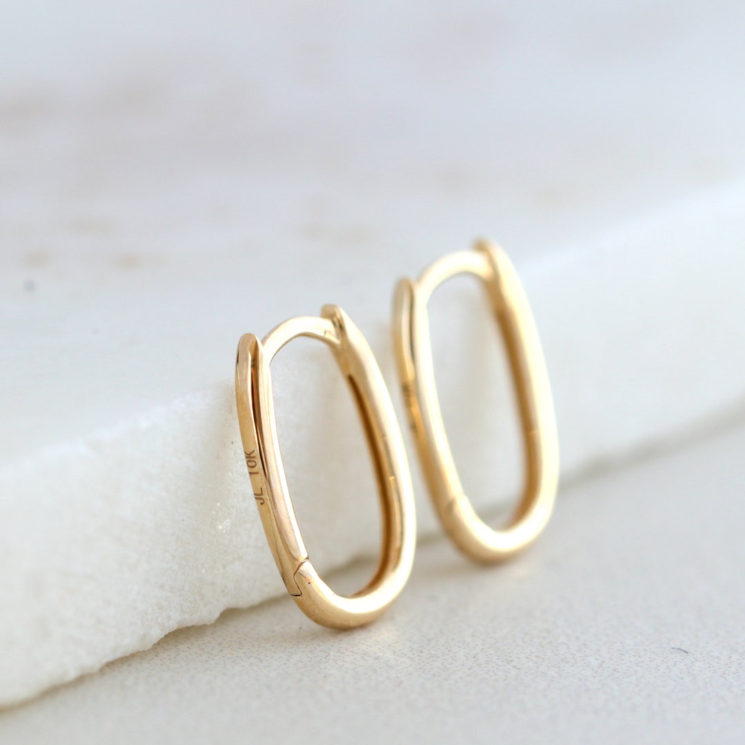 Solid Gold Oblong Rectangle Huggie Hoops, U-shape Sleeper Earrings ...