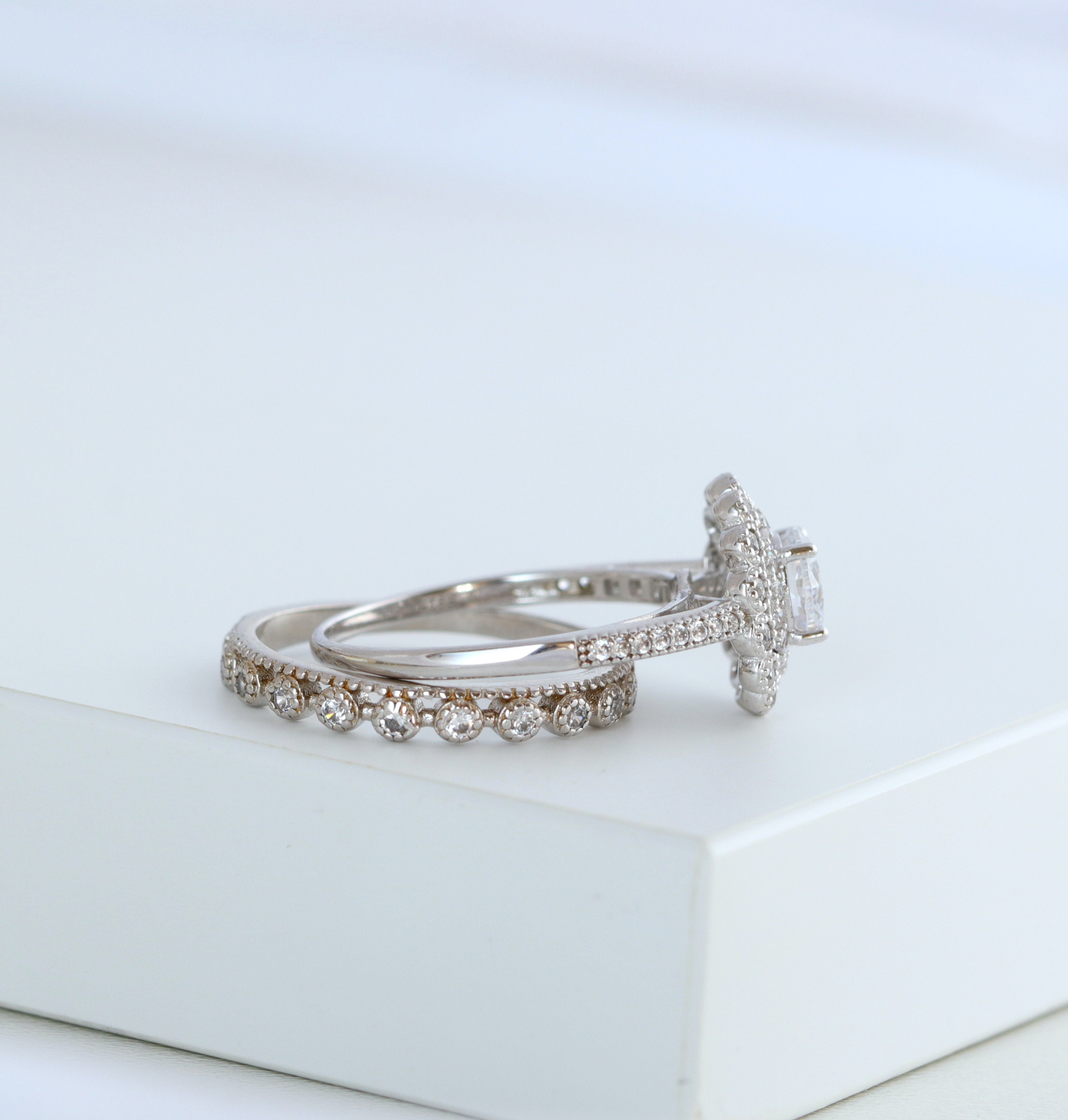 Sterling Silver Round Cut Double Halo Bridal Ring Set Diamond | Etsy