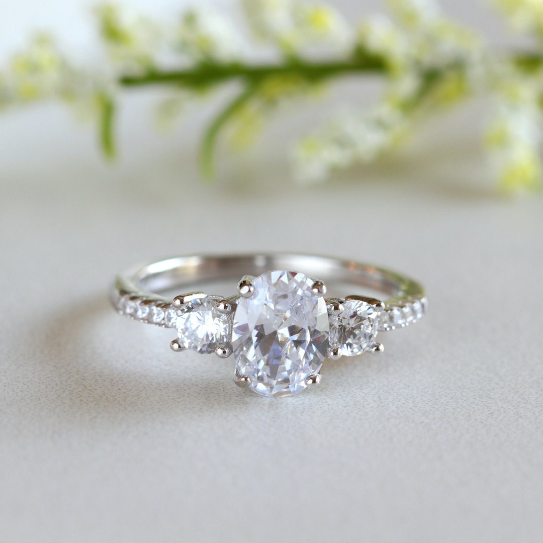 Oval Cut CZ Three Stone Ring: Sterling Silver Engagement Ring - Etsy