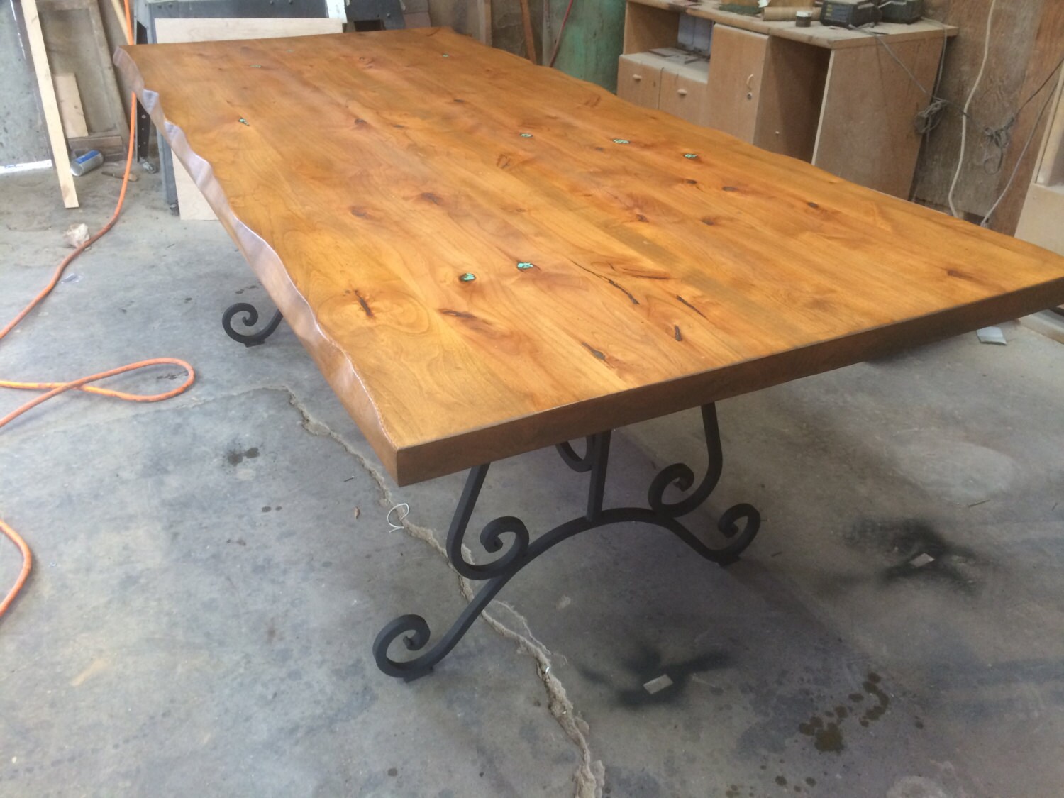 Live Edge Alder Dining Table Turquoise Inlays and Wrought Iron Base - Etsy