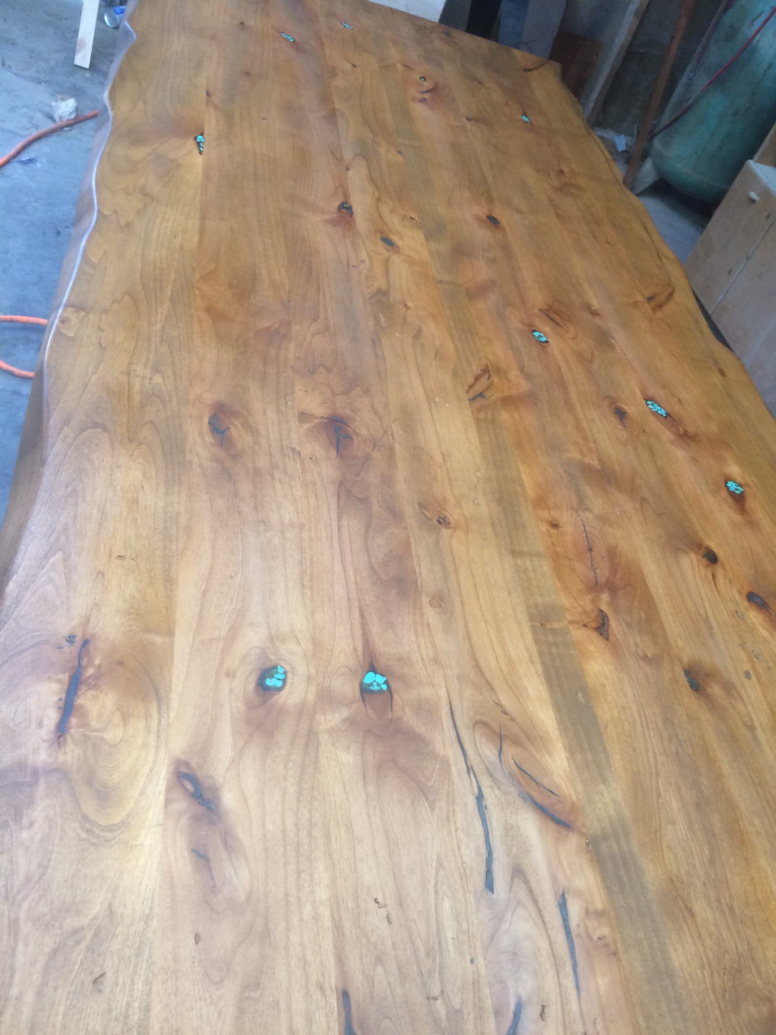 Live Edge Alder Dining Table Turquoise Inlays and Wrought Iron Base - Etsy