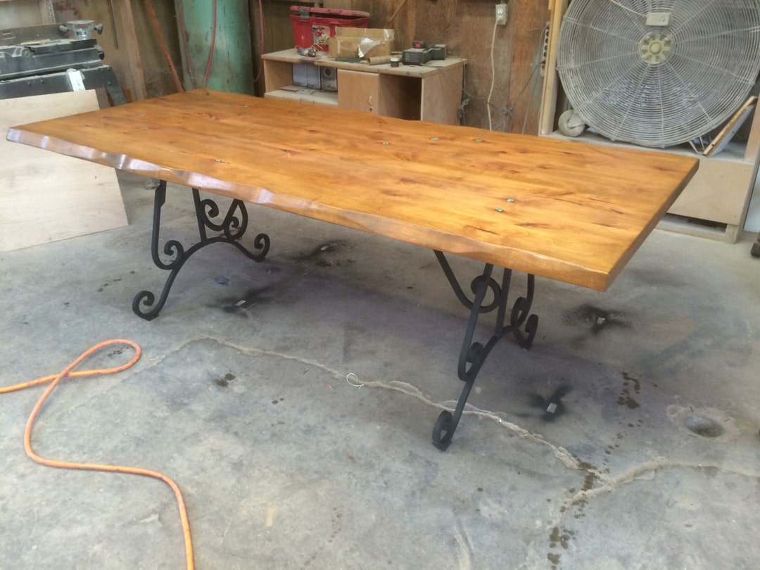 Live Edge Alder Dining Table Turquoise Inlays and Wrought Iron Base - Etsy