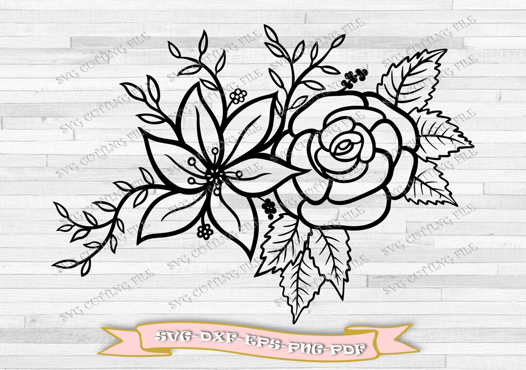 Floral Composition Svg Bouquet of Flowers Outline File Format Svg, Dxf, Eps, Pdf, Png Pre-drawn ...