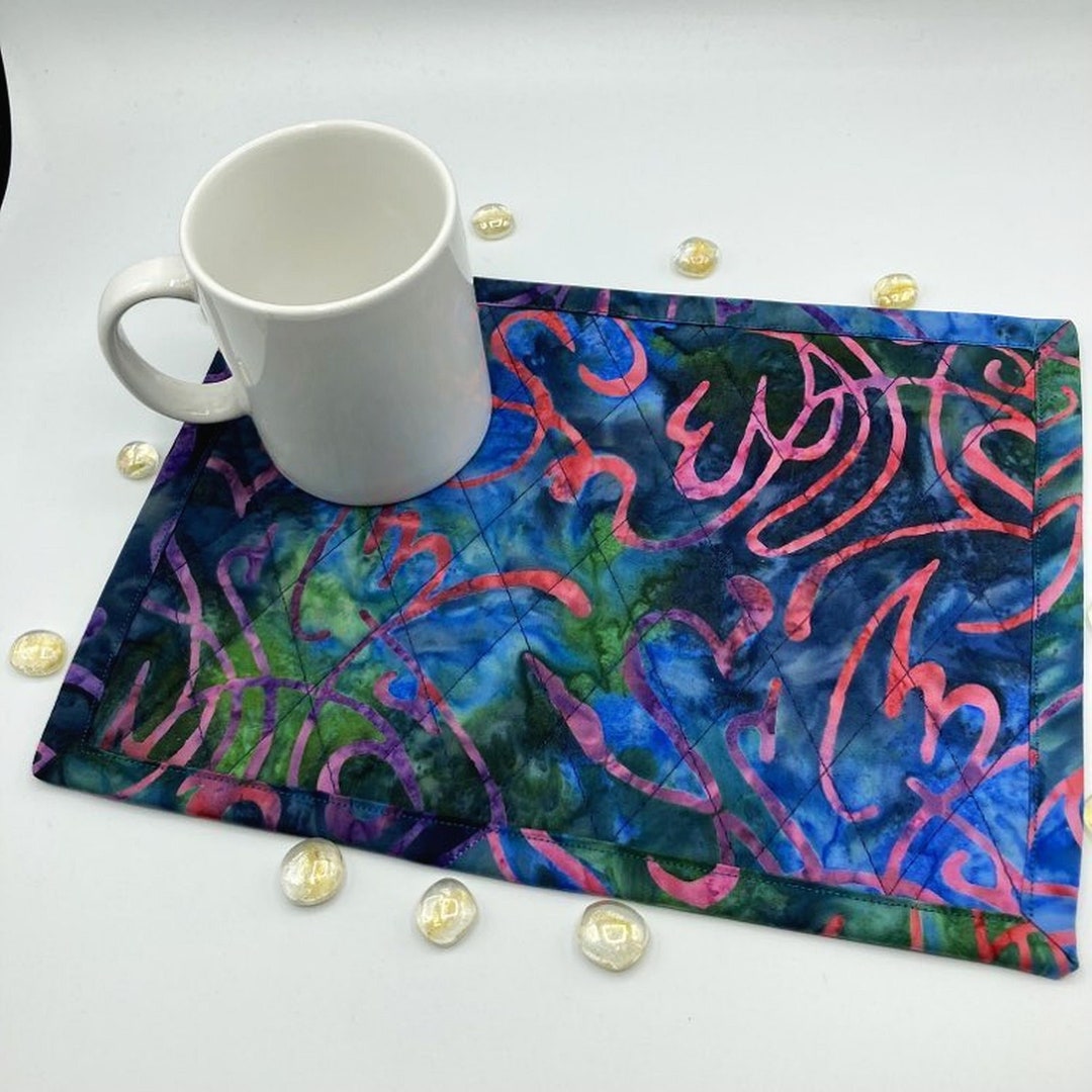 Blue Batik Fabric Mug Rugs set of 2 8.5 X 11.5 Blues, Pinks and Greens ...