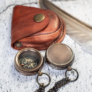 Antique Brass Compass Necklace | Working Pendant, Leather Pouch - Etsy