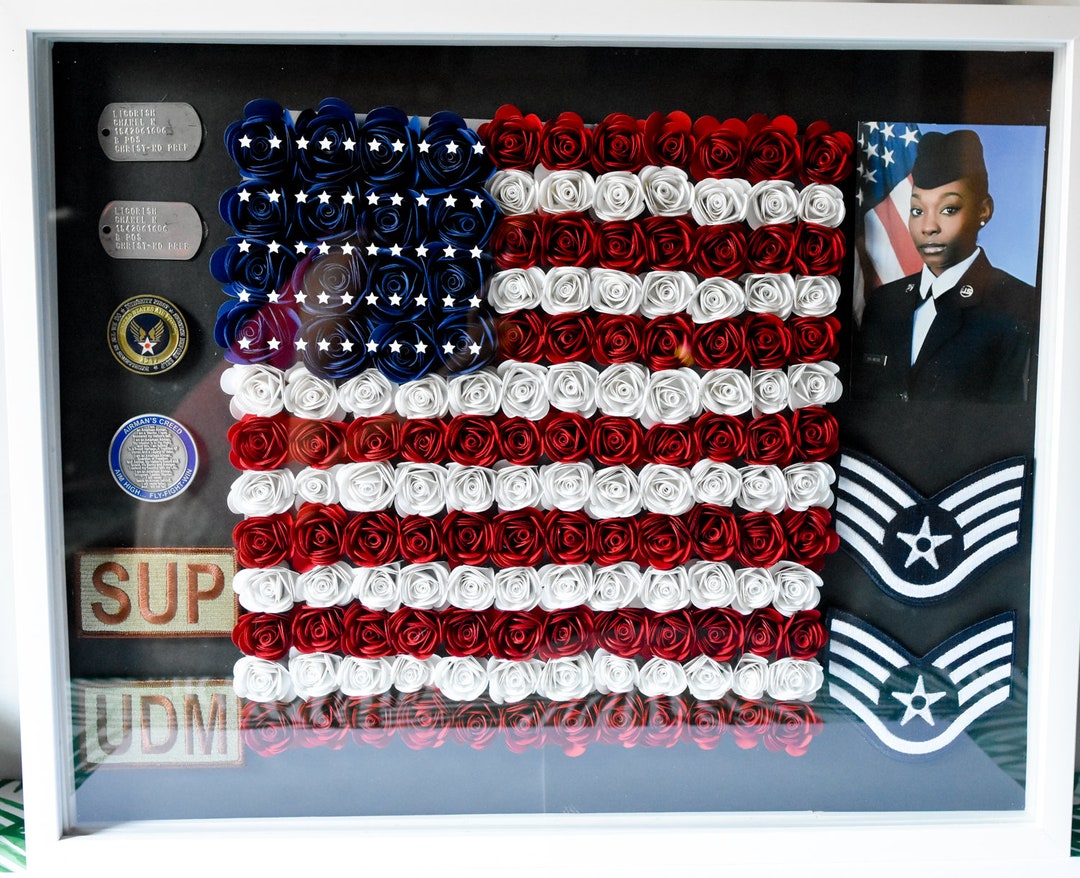 Military Retirement Shadow Box With Flower American Flag and Personal ...