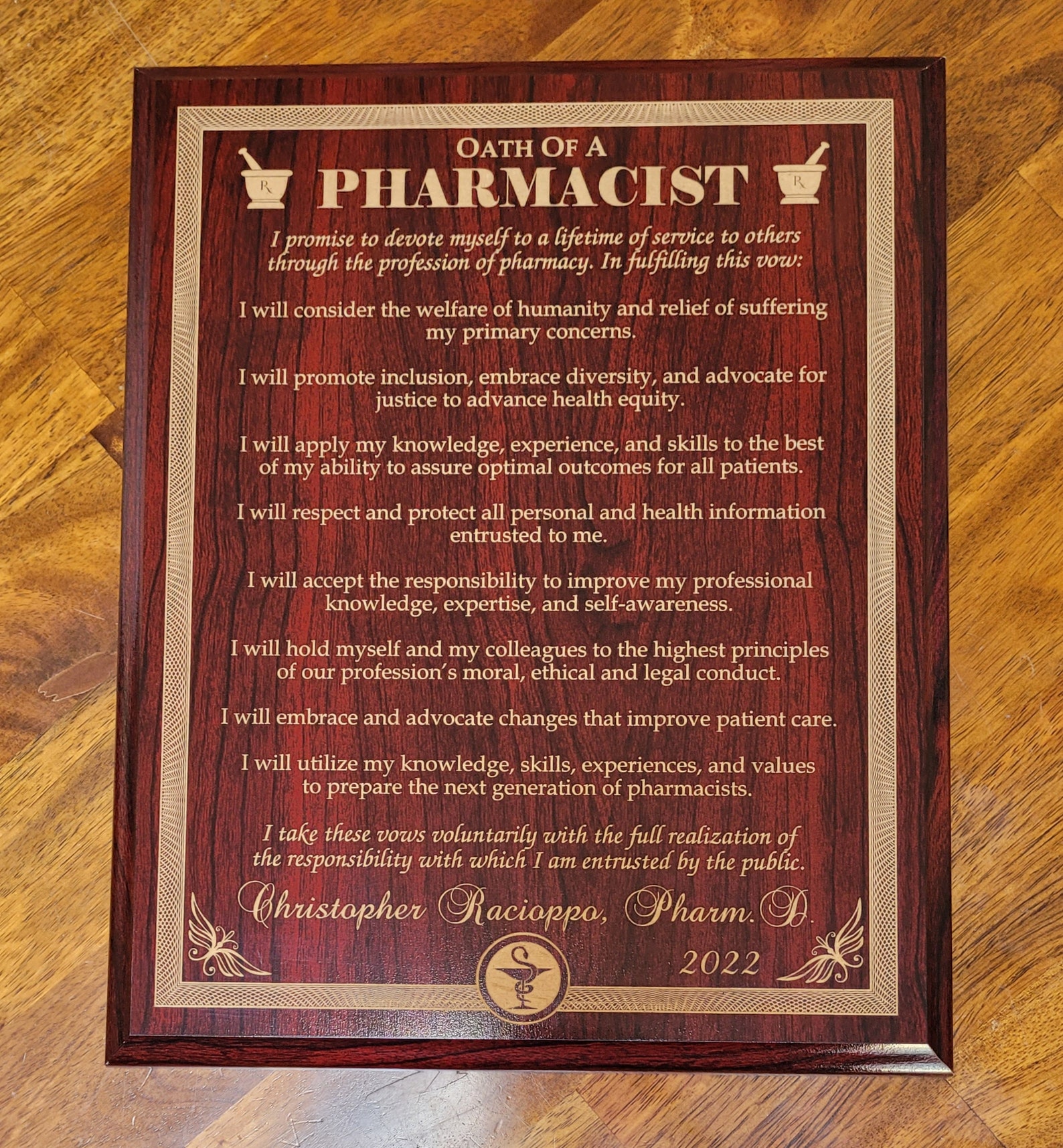 Oath of A Pharmacist Personalized Custom Name Engraved Wooden - Etsy