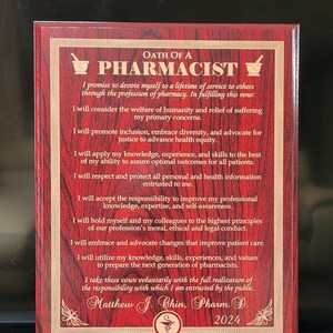 Oath of A Pharmacist Personalized Custom Name Engraved Wooden Plaque ...