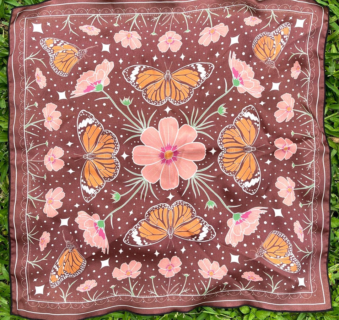 Silk Scarf - Monarch Butterflies & Cosmos in Brick Red - Etsy
