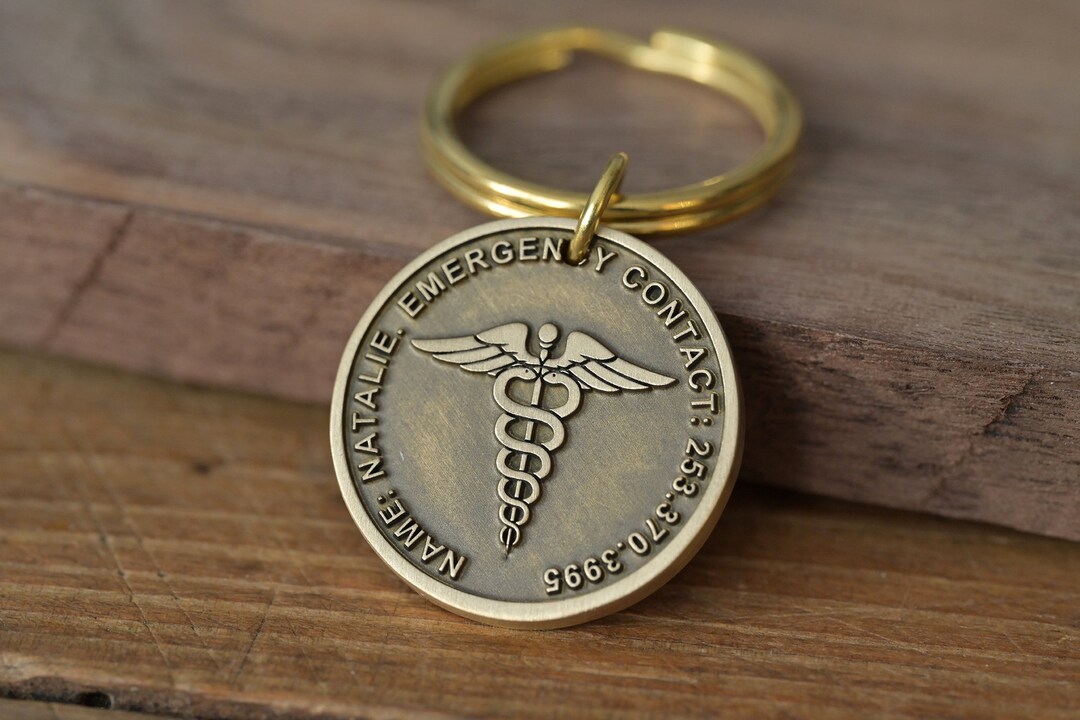 Personalized Brass Emergency Contact Keychain, Medical Sign Keychain ...