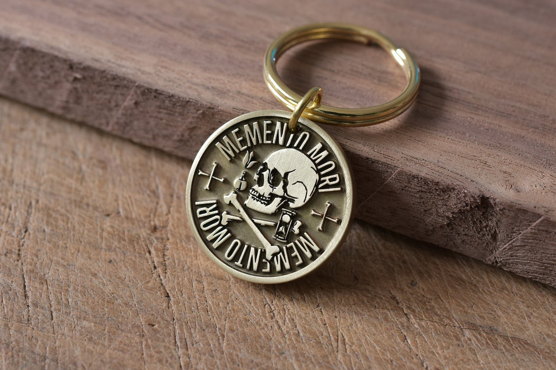 Personalized Brass Memento Mori Keychain: Engraved Skull, Retro Style ...