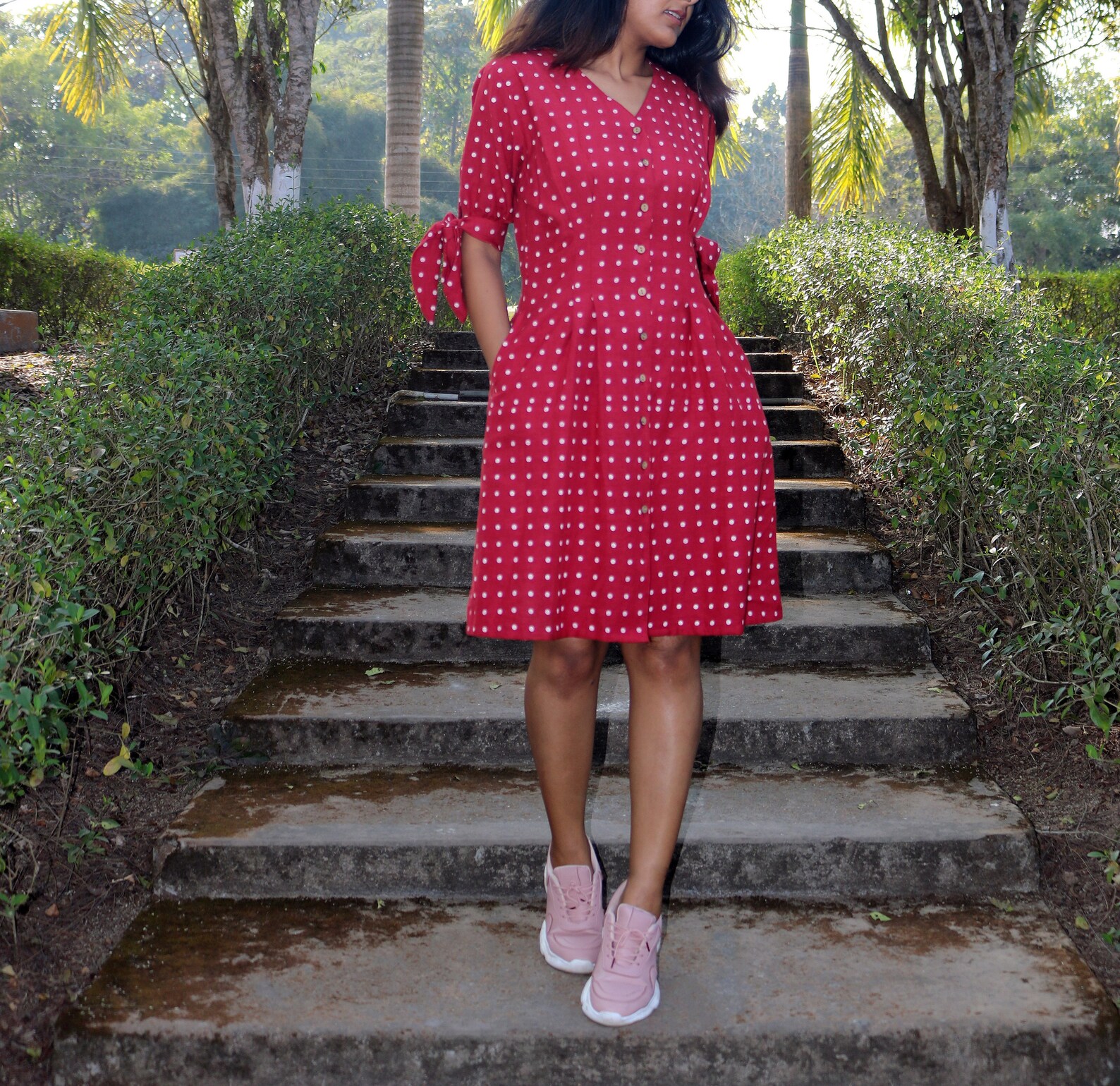 Red Polka Dot Linen Dress Hand Block Print Dress Pleated - Etsy