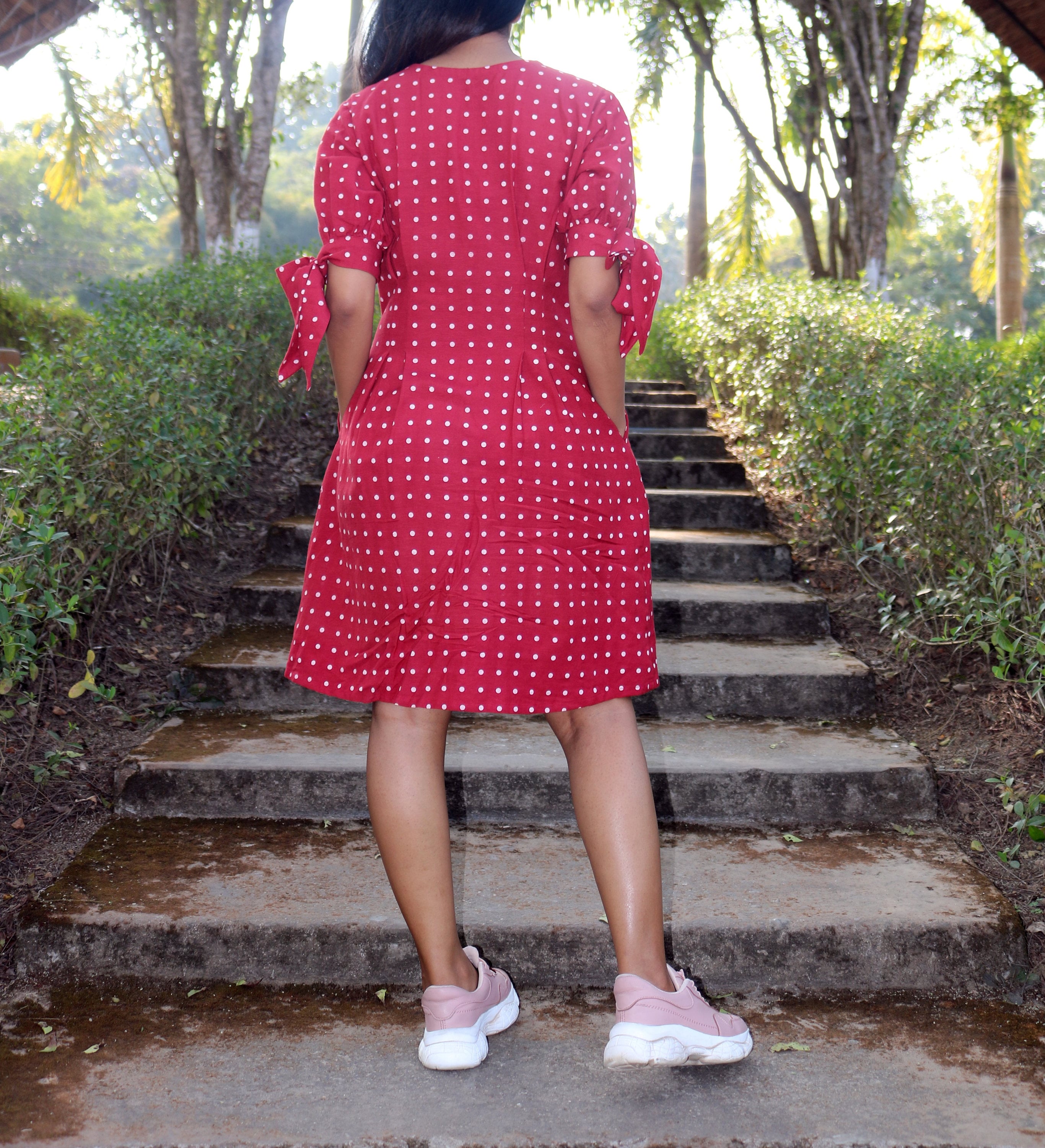 Red Polka Dot Linen Dress Hand Block Print Dress Pleated - Etsy