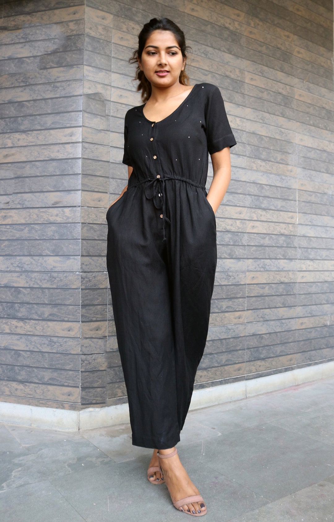 Black Baggy Linen Jumpsuit for Women, Made to Order, Custom Made, Plus ...