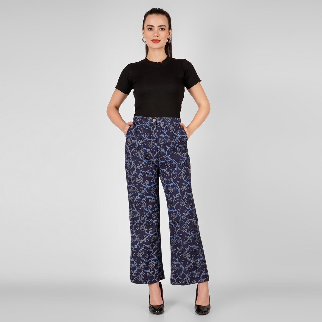 Navy Printed Linen Pant, Custom Made Block Printed Pant for Women ...