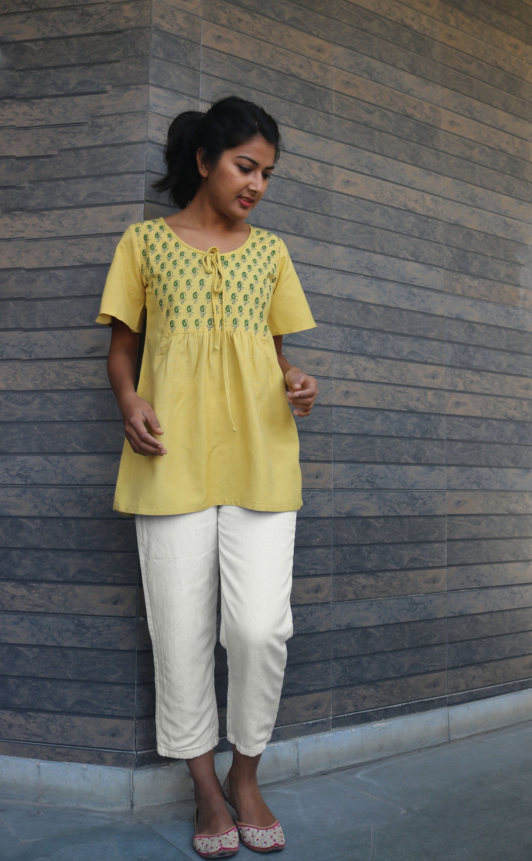 Lime green linen top Linen loose top Block print top Boho | Etsy