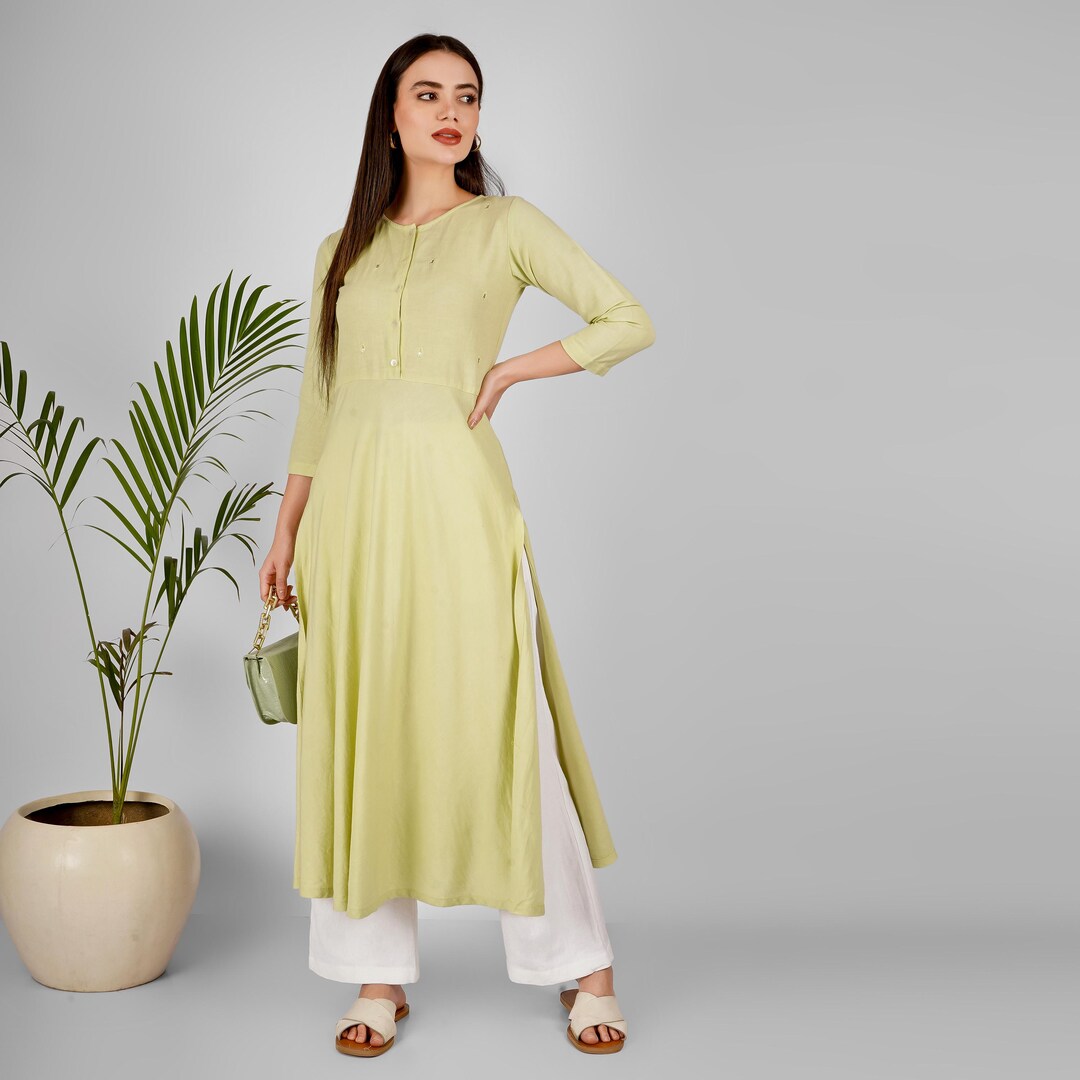 Pastel Green Embroidered Kurti for Women, Linen Kurta Dress, Linen ...