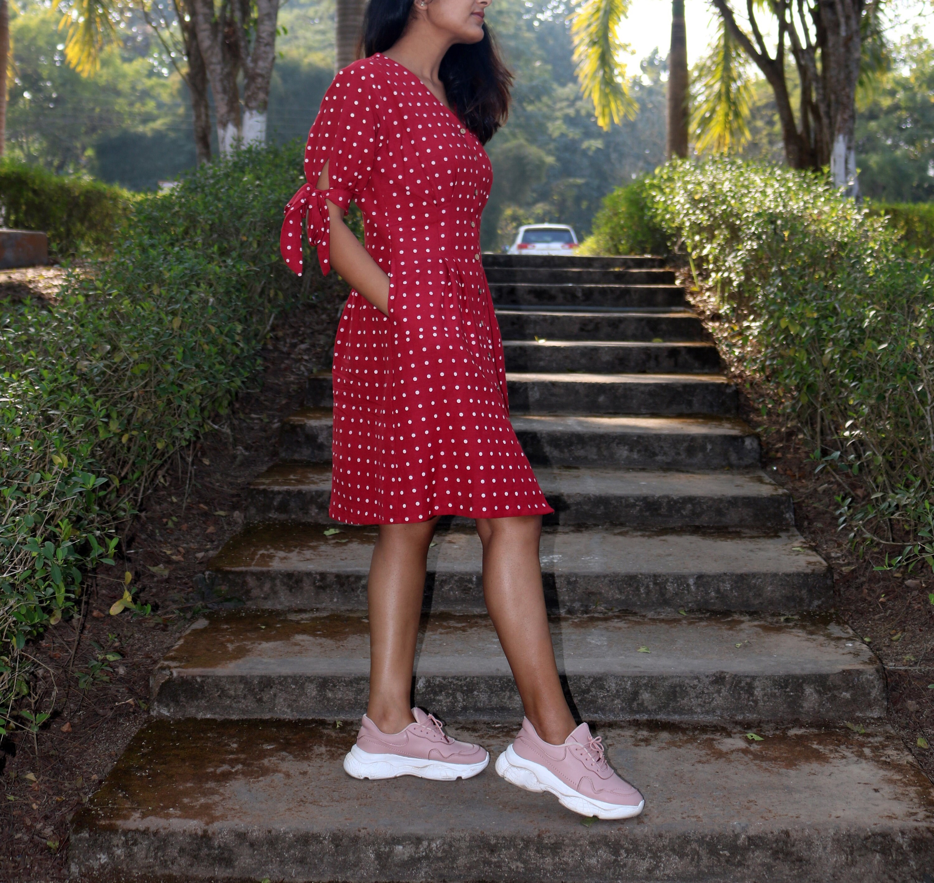 Red Polka Dot Linen Dress Hand Block Print Dress Pleated - Etsy