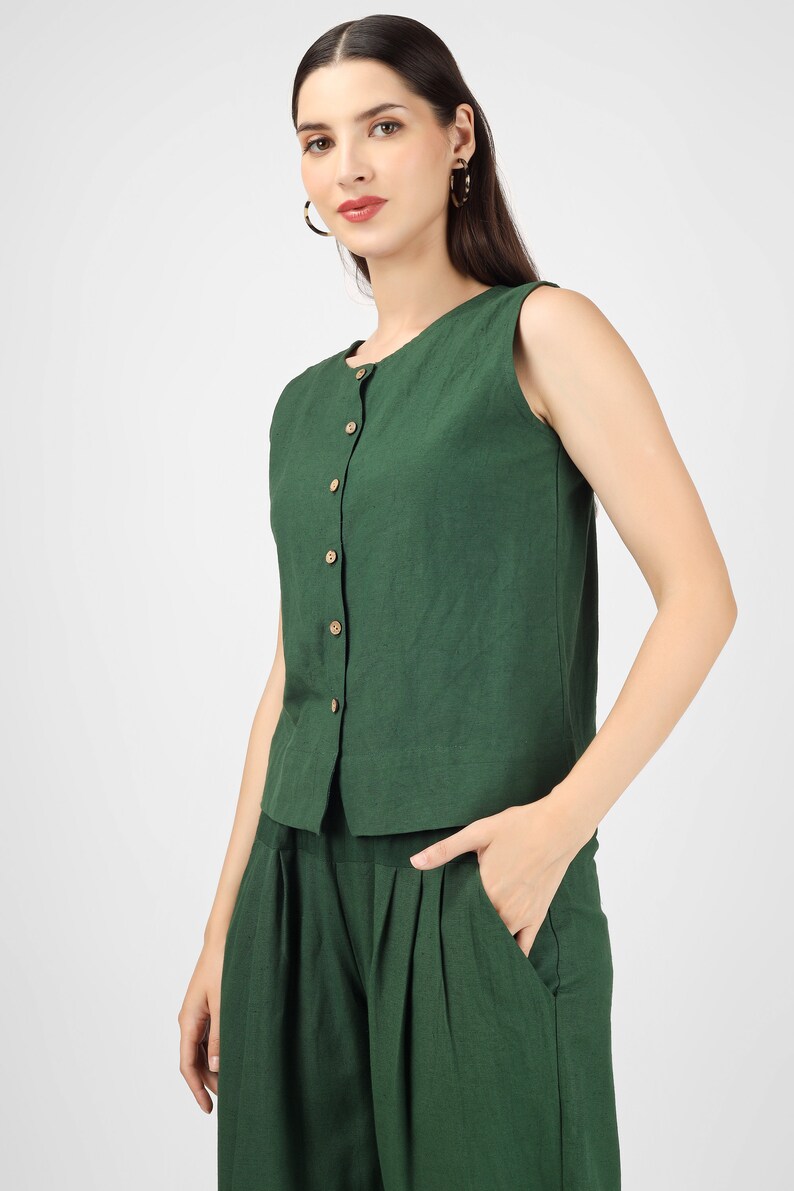 Dark Green Sleeveless Top for Women, Linen Crop Top, Linen Blouse, Made ...