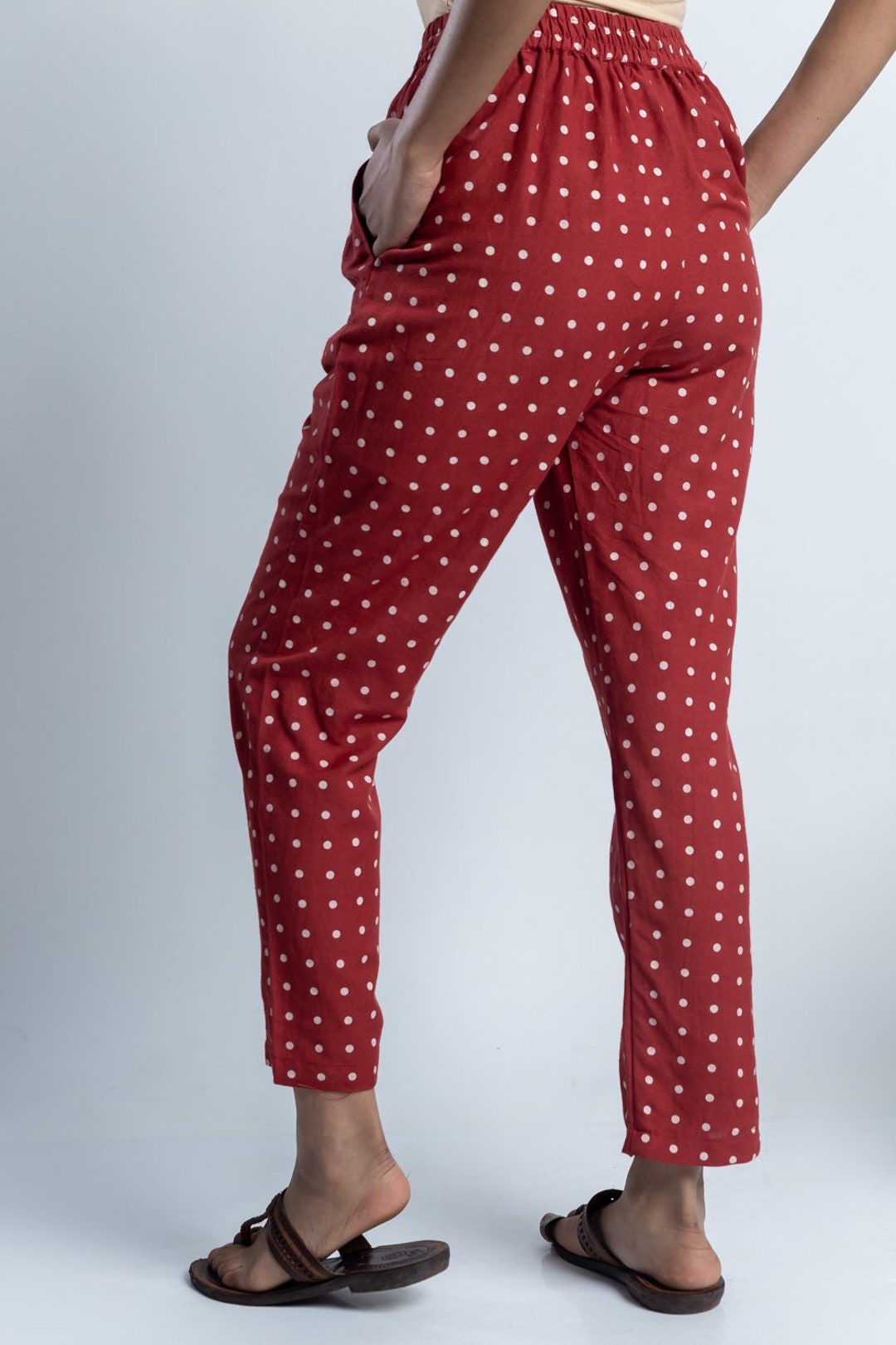 Red Polka Dot Block-print Indian Pant, Linen Pant, Elastic Pant, Plus ...