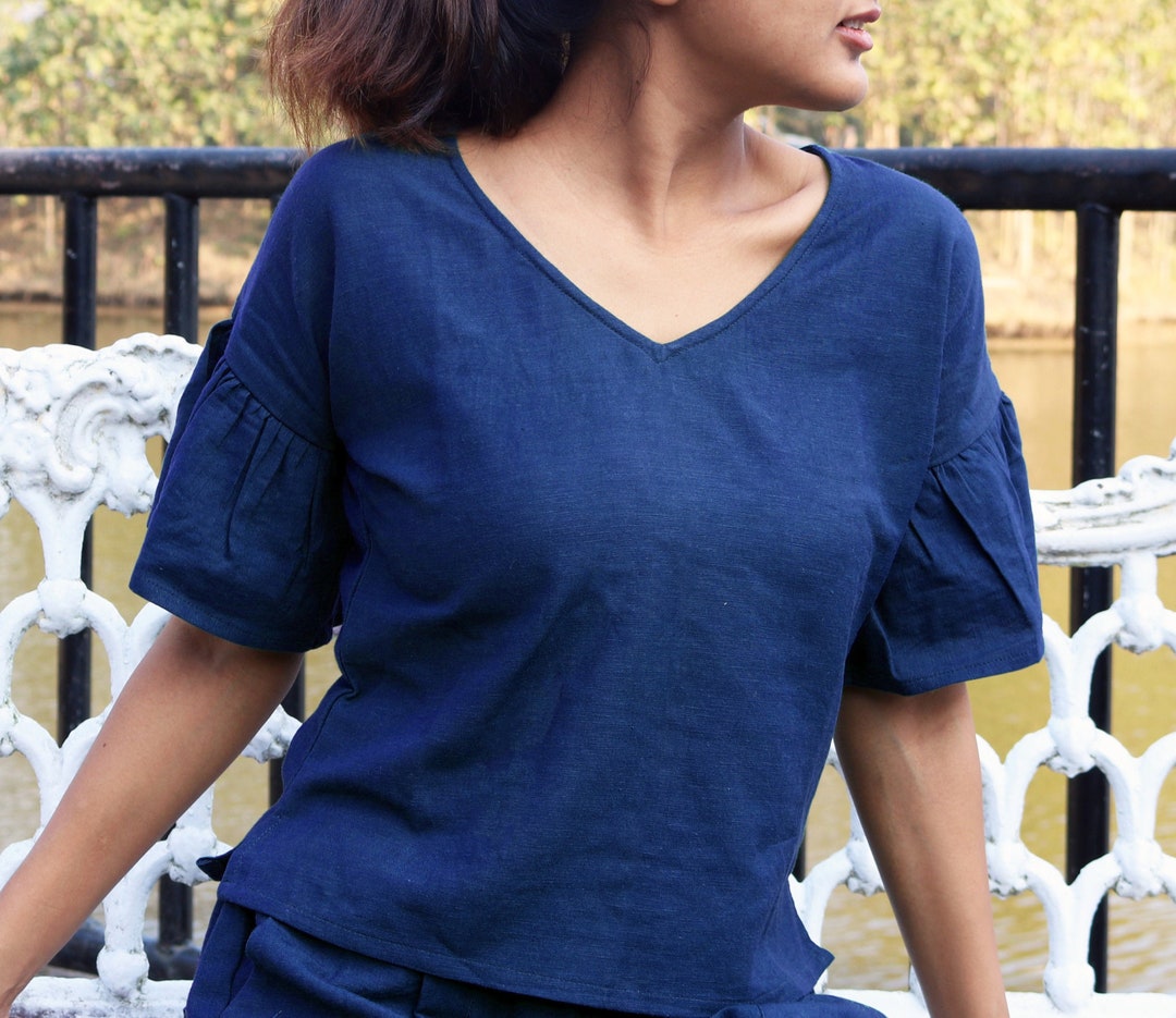 Royal Blue Linen Top, Frill Sleeve Top for Women, Linen Blouse, Made to ...