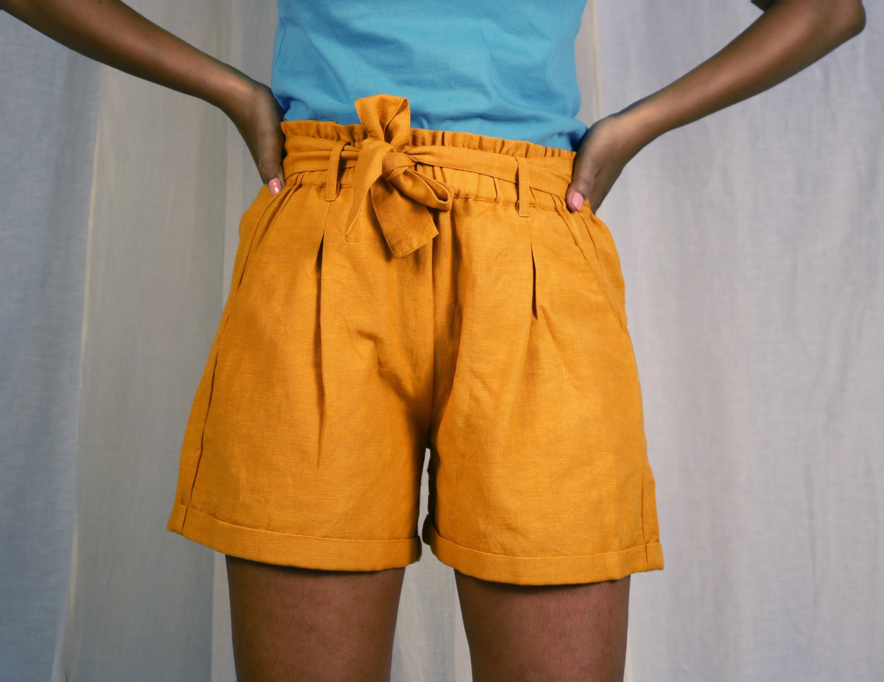 Mustard Paperbag Linen Shorts For Women Custom Made Made To Etsy
