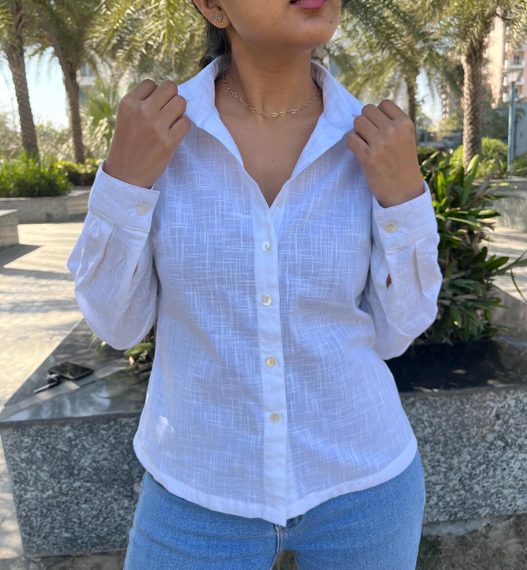 White Cotton Full Sleeves Women Shirt, Custom Made, Plus Size, Made to ...