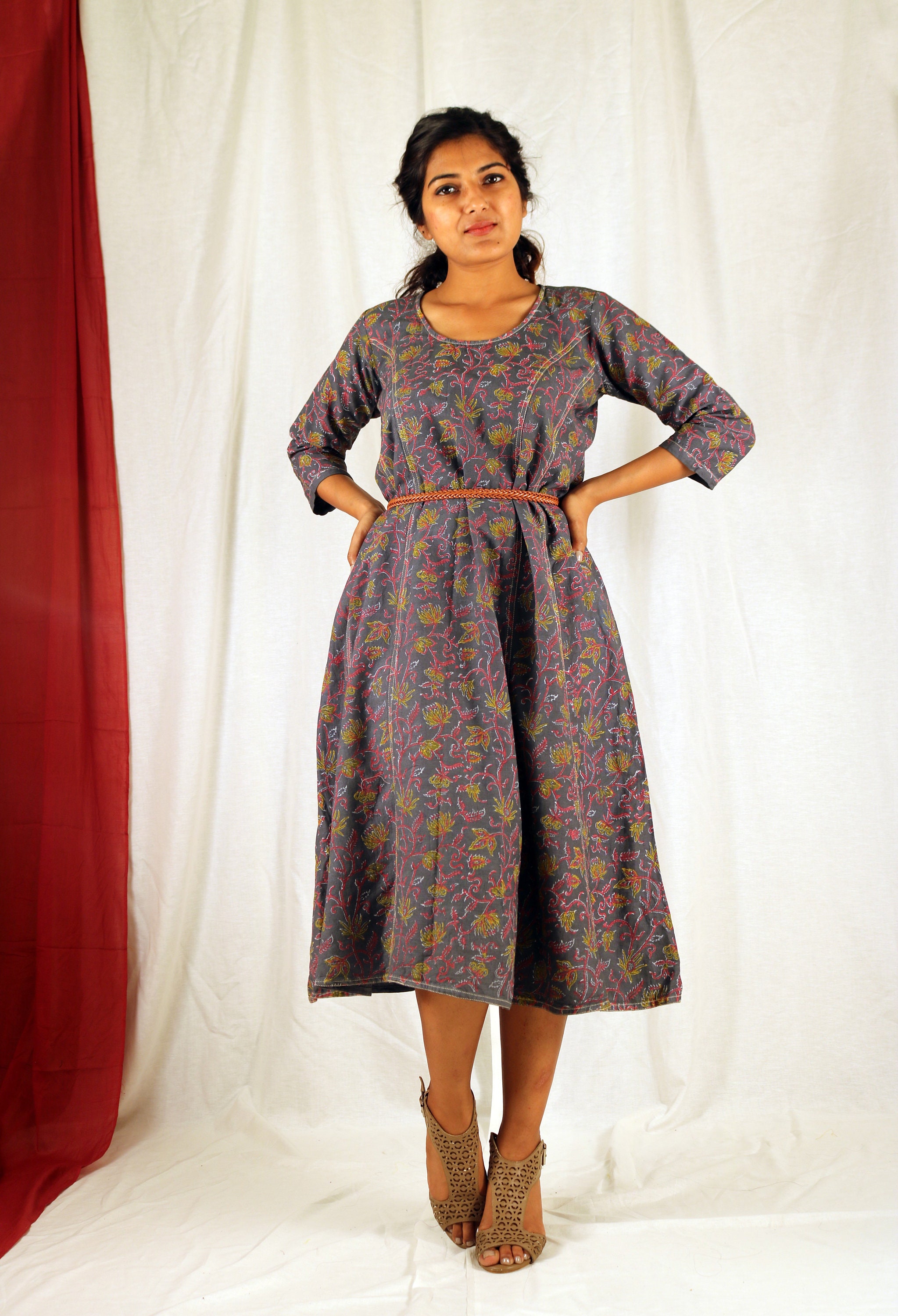 Floral Linen Maxi Dress, Maxi Dress for Women, Block Print Dress, Grey ...
