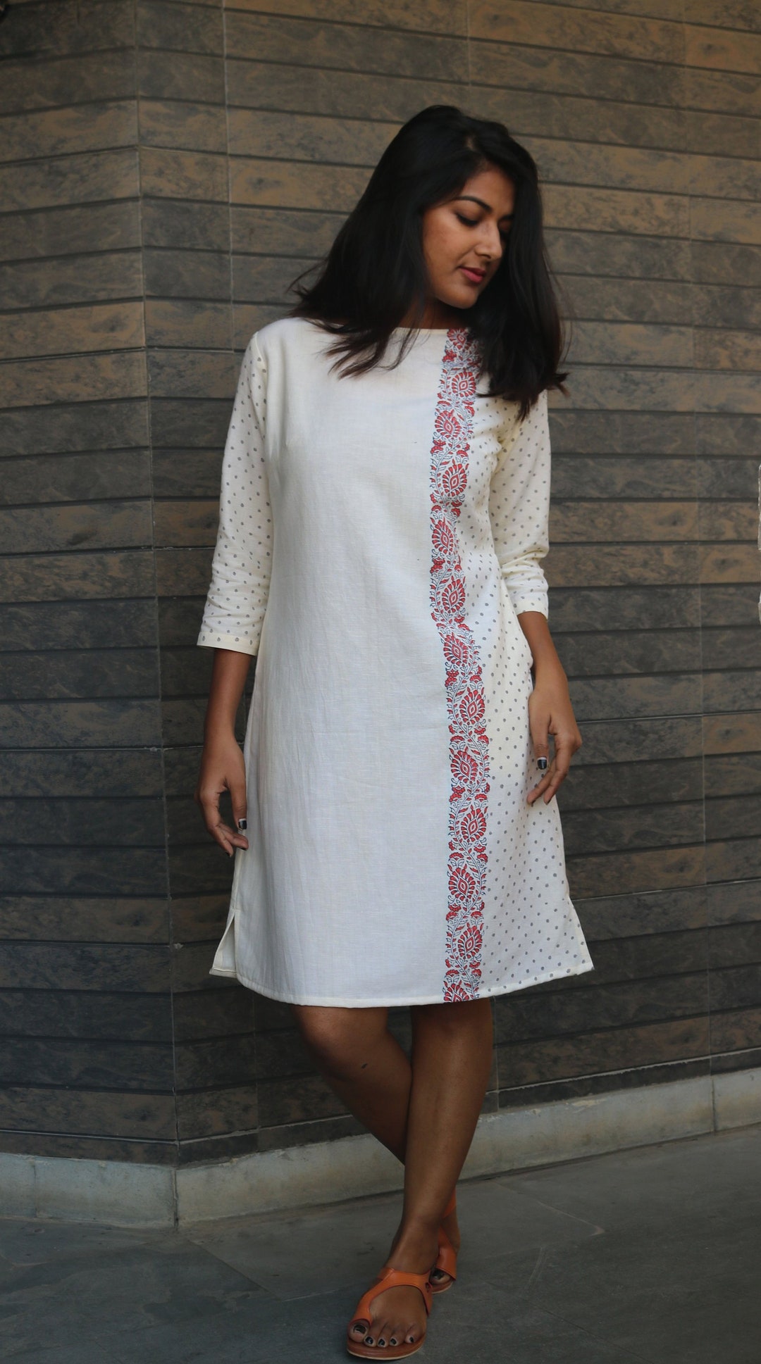 Off-white Tunic Dress for Women, Linen Shift Dress, Hand Block Print ...