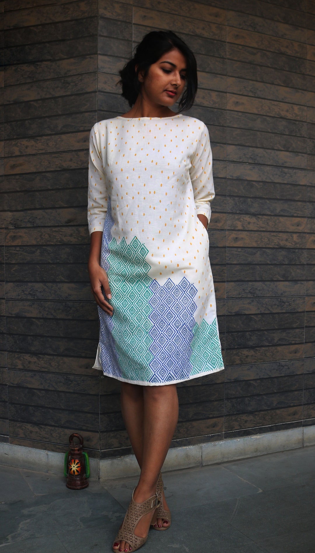 Off-white Tunic Dress for Women, Linen Shift Dress, Hand Block Print ...