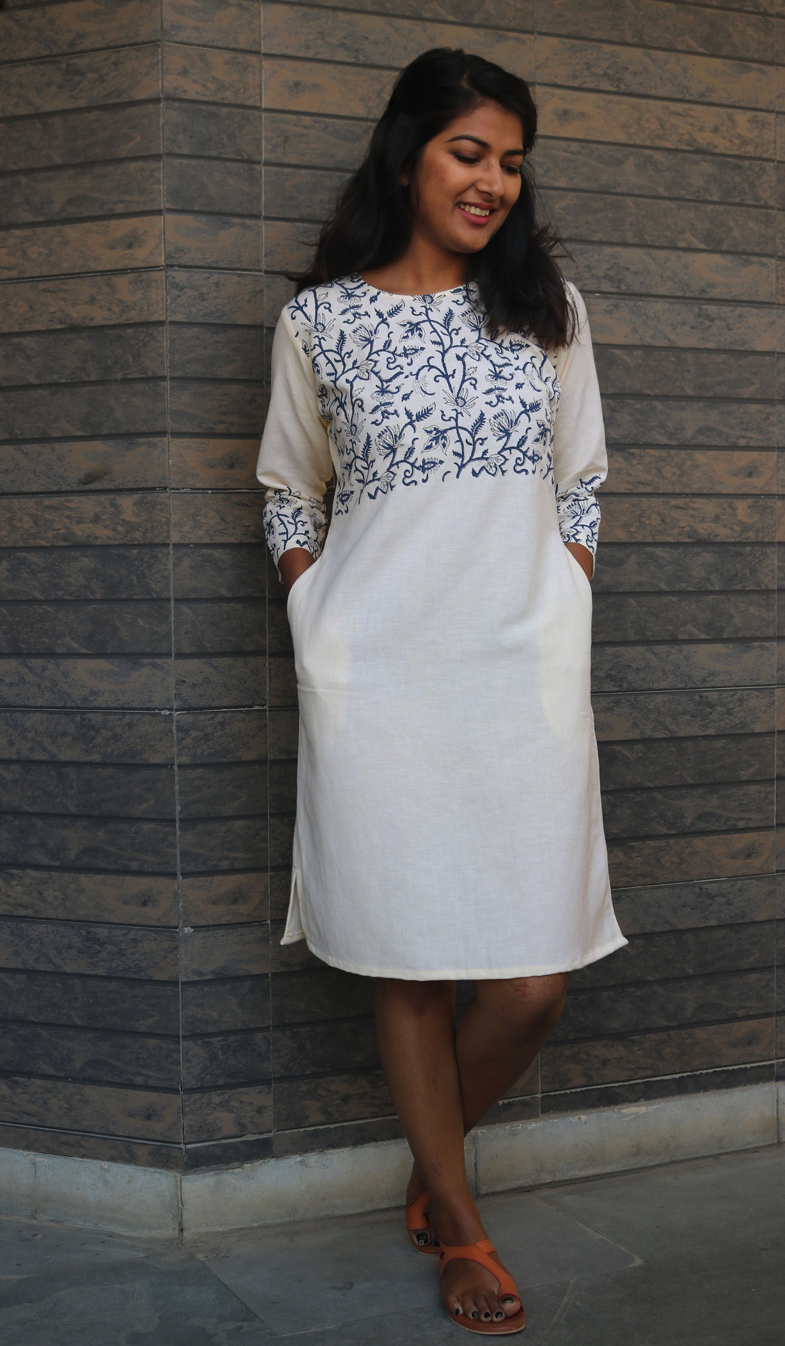 Off-white Tunic Dress for Women, Linen Shift Dress, Hand Block Print ...