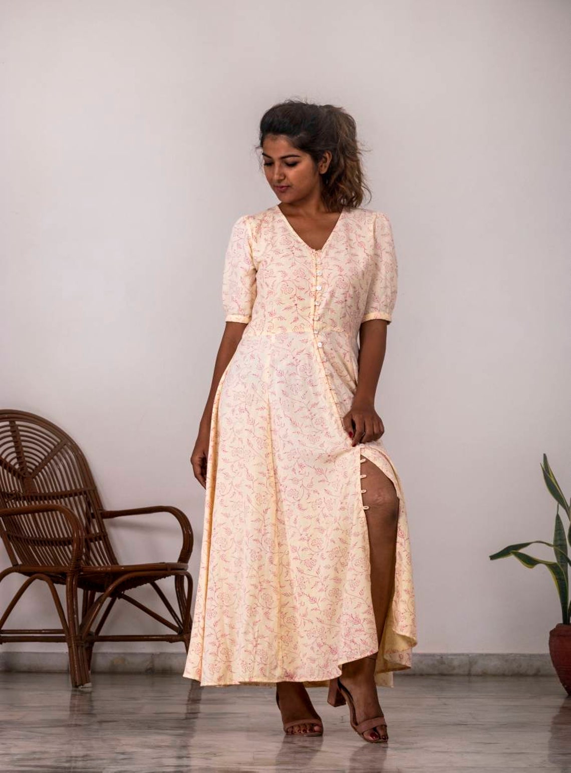 Cream Linen Dress Block Print Dress Sundress Maxi Dress | Etsy