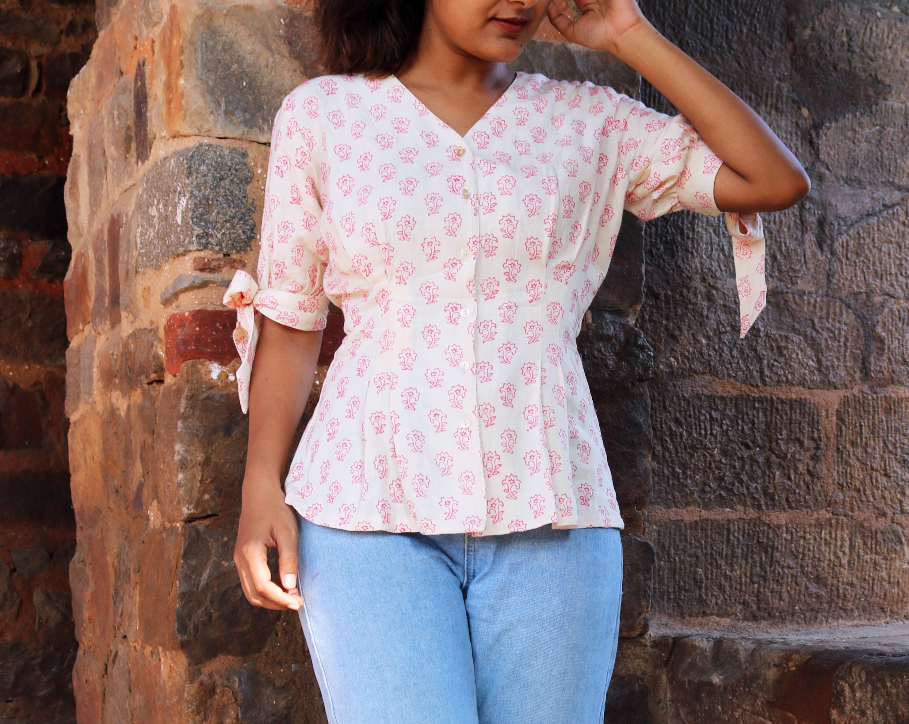Hand Block Printed Linen Blouse Button Down Top Block Print - Etsy