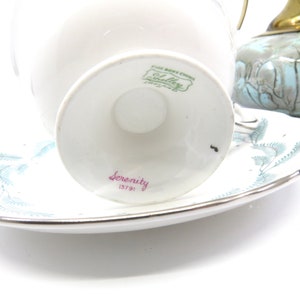 Shelley Serenity Tea Cup and Saucer, Blue Green Leaves, 13791, Platinum ...