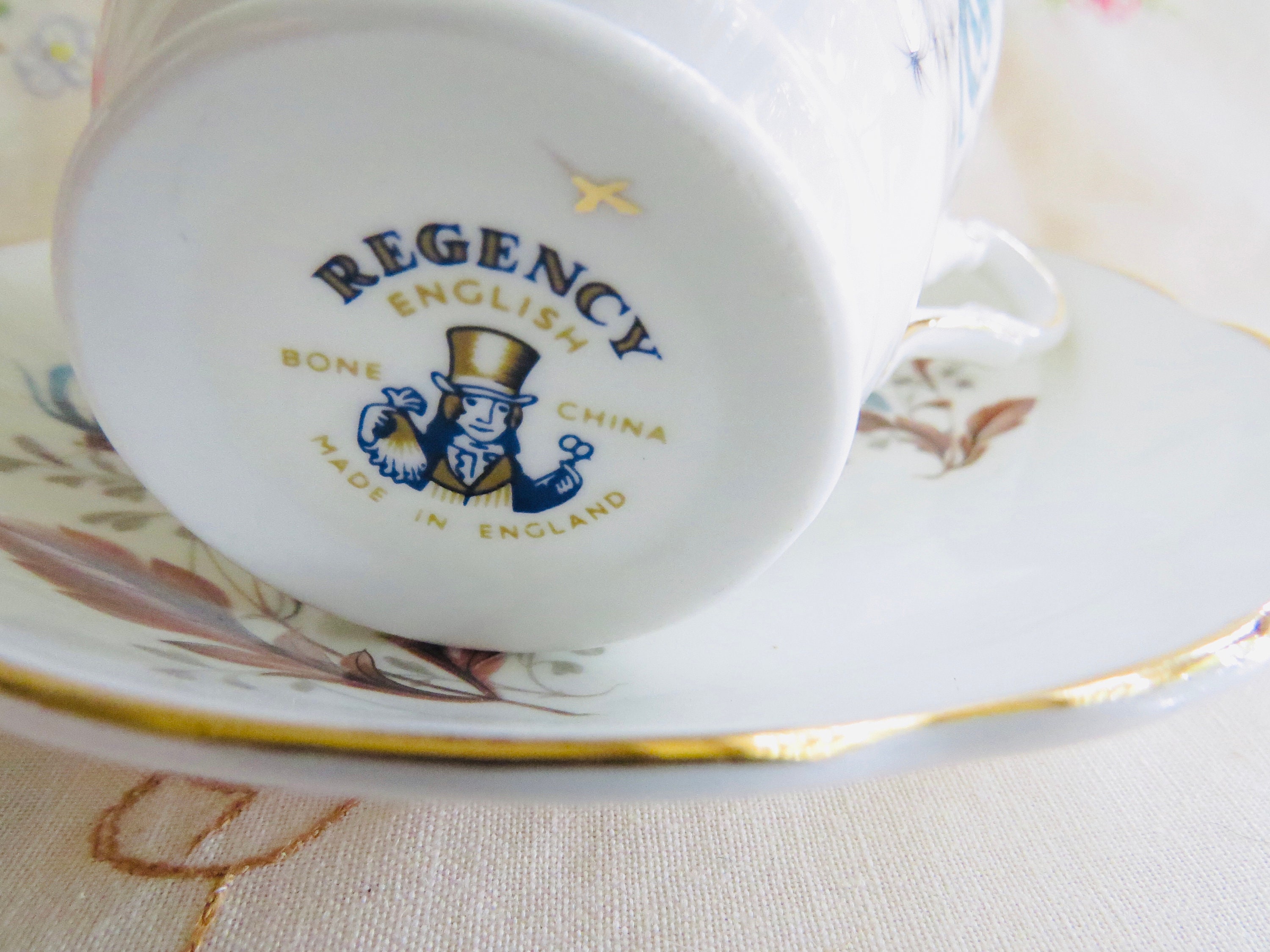 Regency Tea Cup and Saucer, Blue Wildflowers With Brown Leaves, Vintage ...