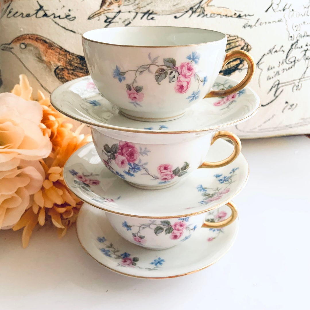 Set of 3 Limoges Tea Cups and Saucers, Pink and Blue Flowers, Tea Party ...
