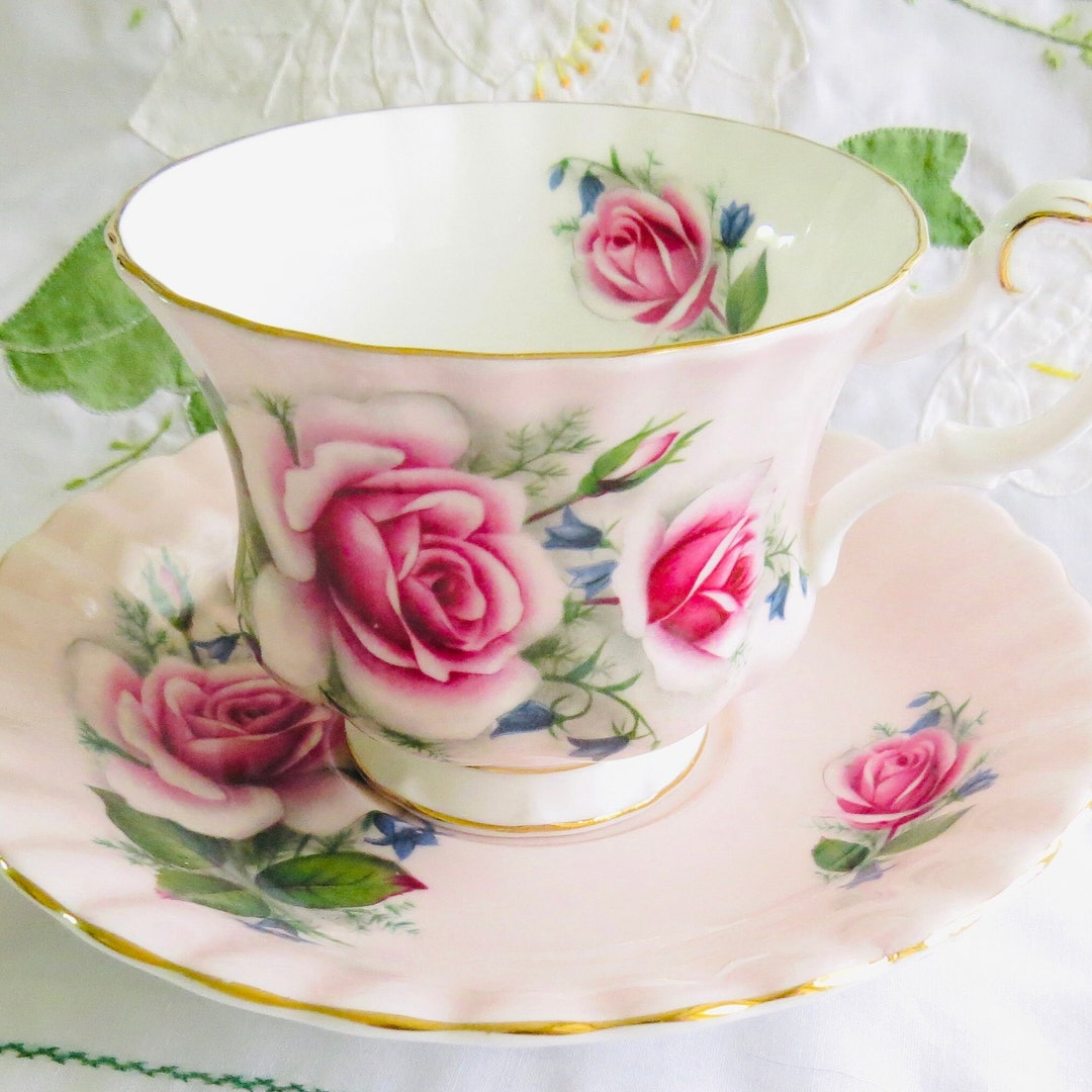 Pink Royal Albert Tea Cup and Saucer, Large Pink Roses and Bluebells ...