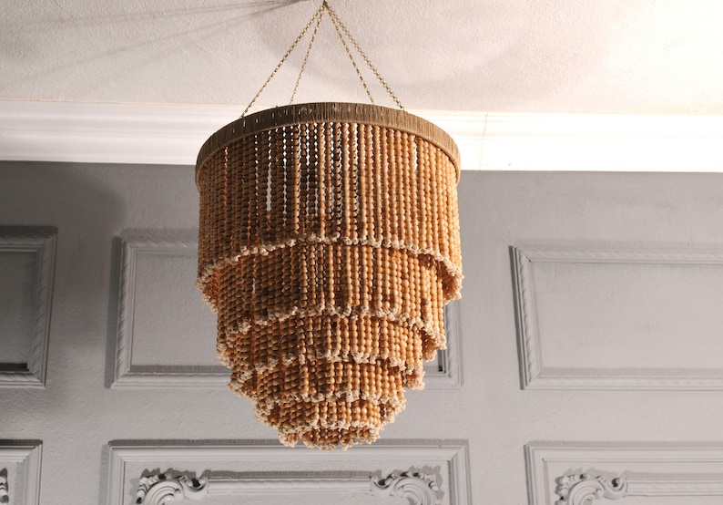 Wooden Bead Light Wooden Bead Chandelier Beaded Chandelier Boho Desing ...