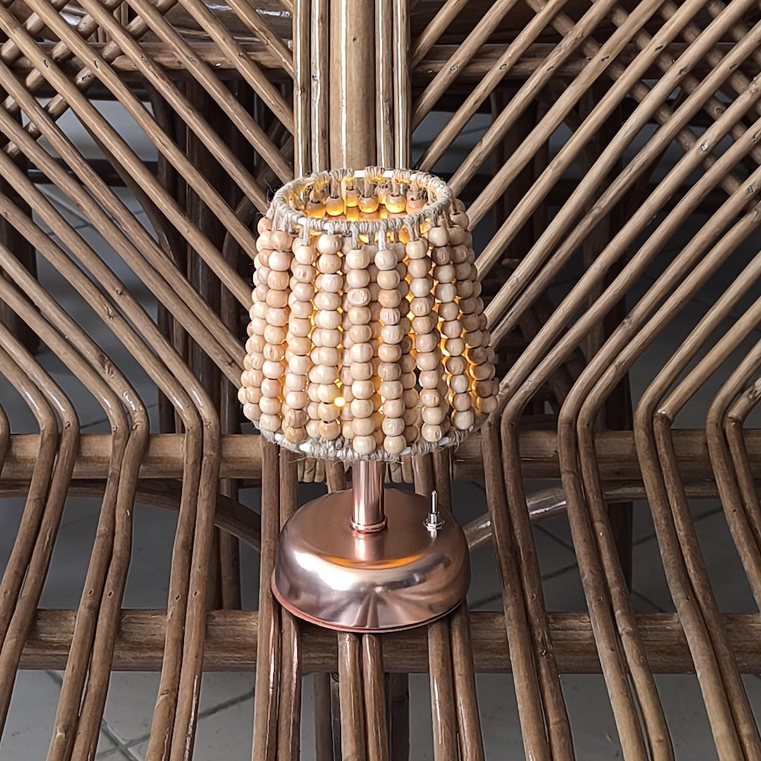 Hand-strung Wooden Bead Table Lamp, Cordless Copper Gold Bedside Light ...