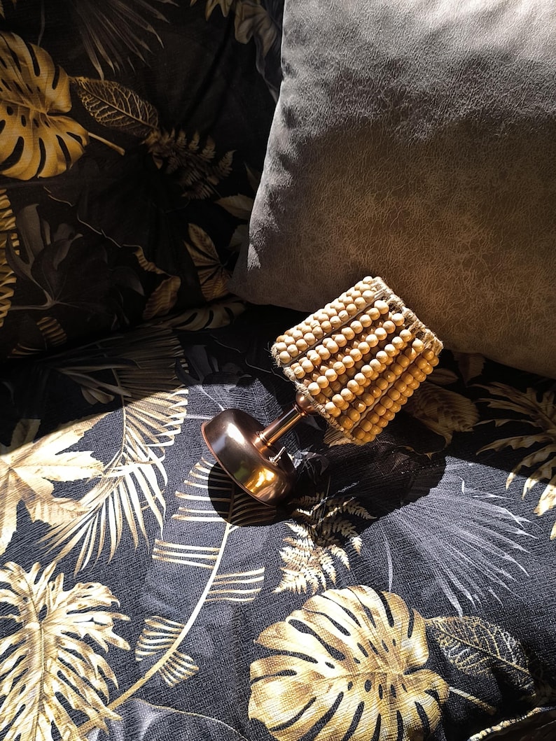 Hand-strung Wooden Bead Table Lamp, Cordless Copper Gold Bedside Light ...