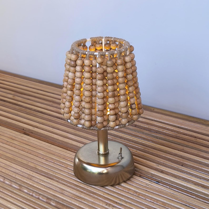 Hand-strung Wooden Bead Table Lamp, Cordless Copper Gold Bedside Light ...