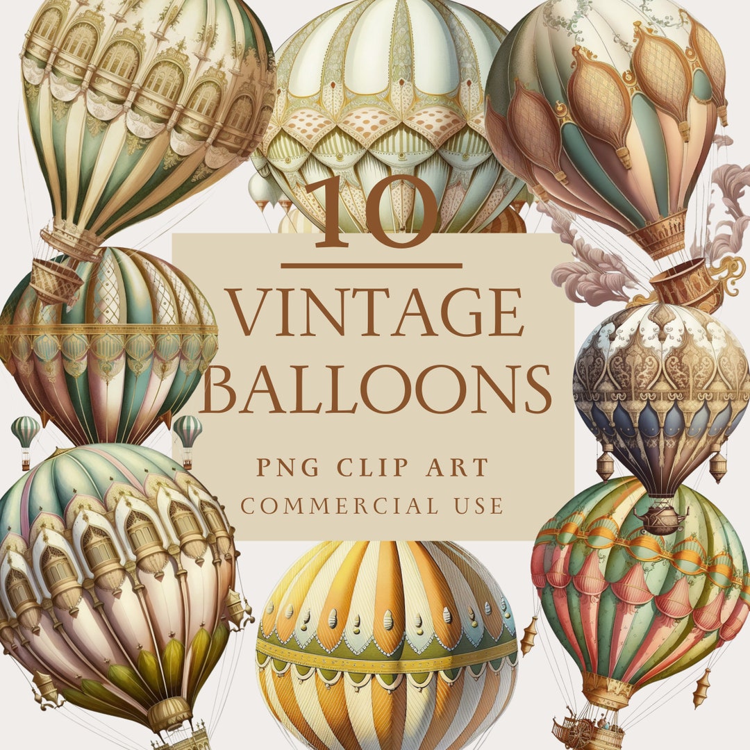 10 Vintage Hot Air Balloons - Vintage Illustration, Painted Hot Air ...