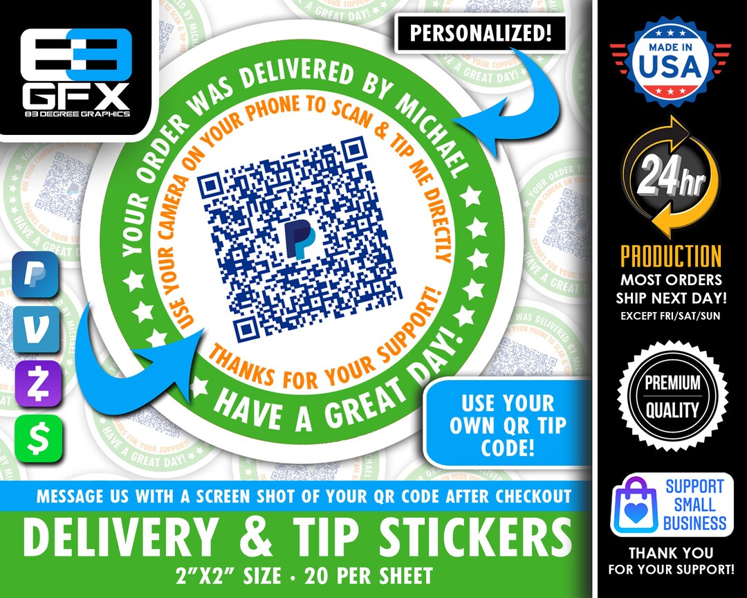 Personalized Delivery 2x2 direct Tip QR Code Delivery Bag Stickers 20 ...