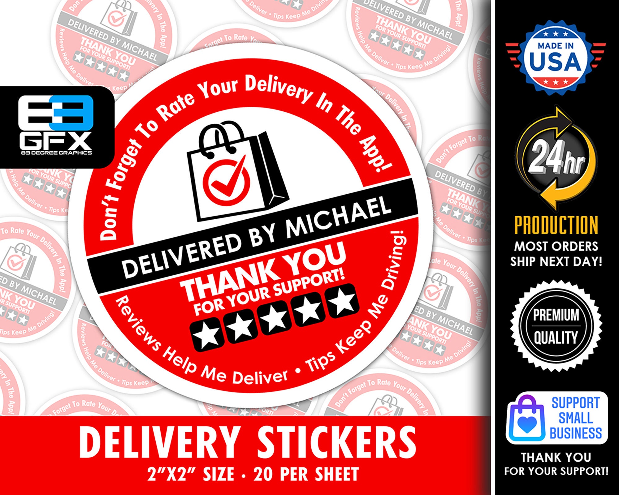Personalized! 2 [ FIVE STAR ] Red Delivery Driver Bag Stickers - 20 ...