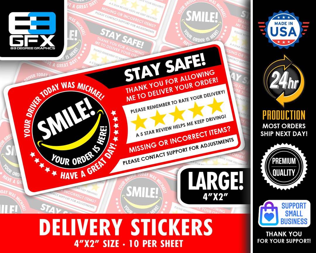 Personalized! Red Delivery 4"x2" [SMILE] 5 Star Rating Delivery Shopper ...