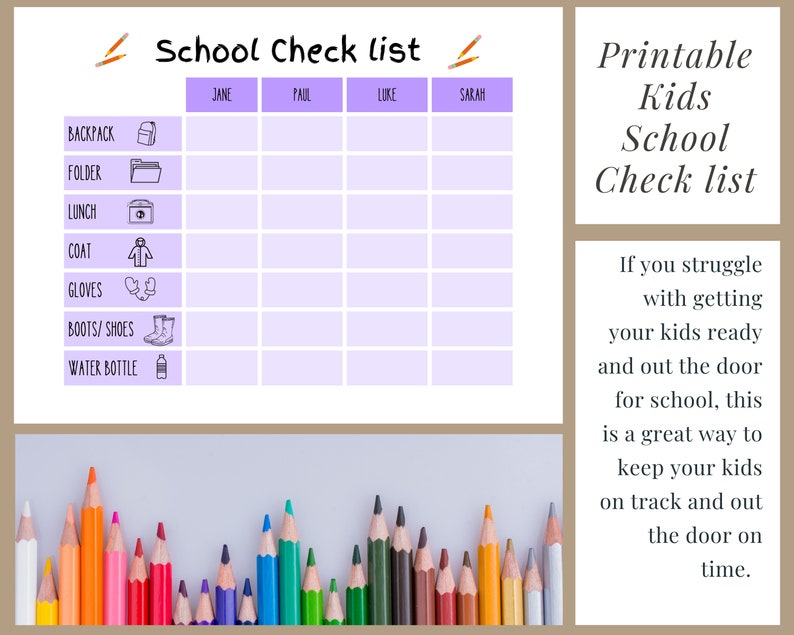 Printable Kids School Check List School Year Organization - Etsy