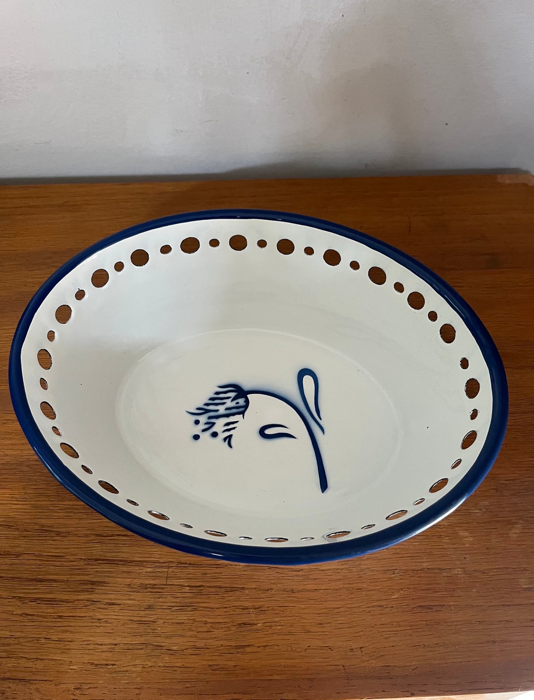 Vintage IKEA Arv Idyll Enamel Bowl – White & Blue Floral, Pierced Edge ...