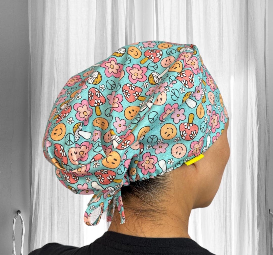 Groovy Mushrooms Smile Scrub Caps, Bohemian Surgical Cap, Retro Floral ...